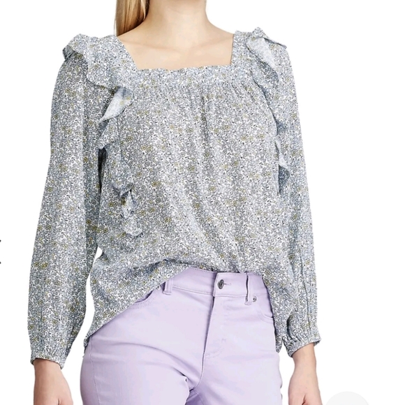 Chaps | Tops | Chaps Womens Squareneck Ruffle Top Blouse Blue White ...